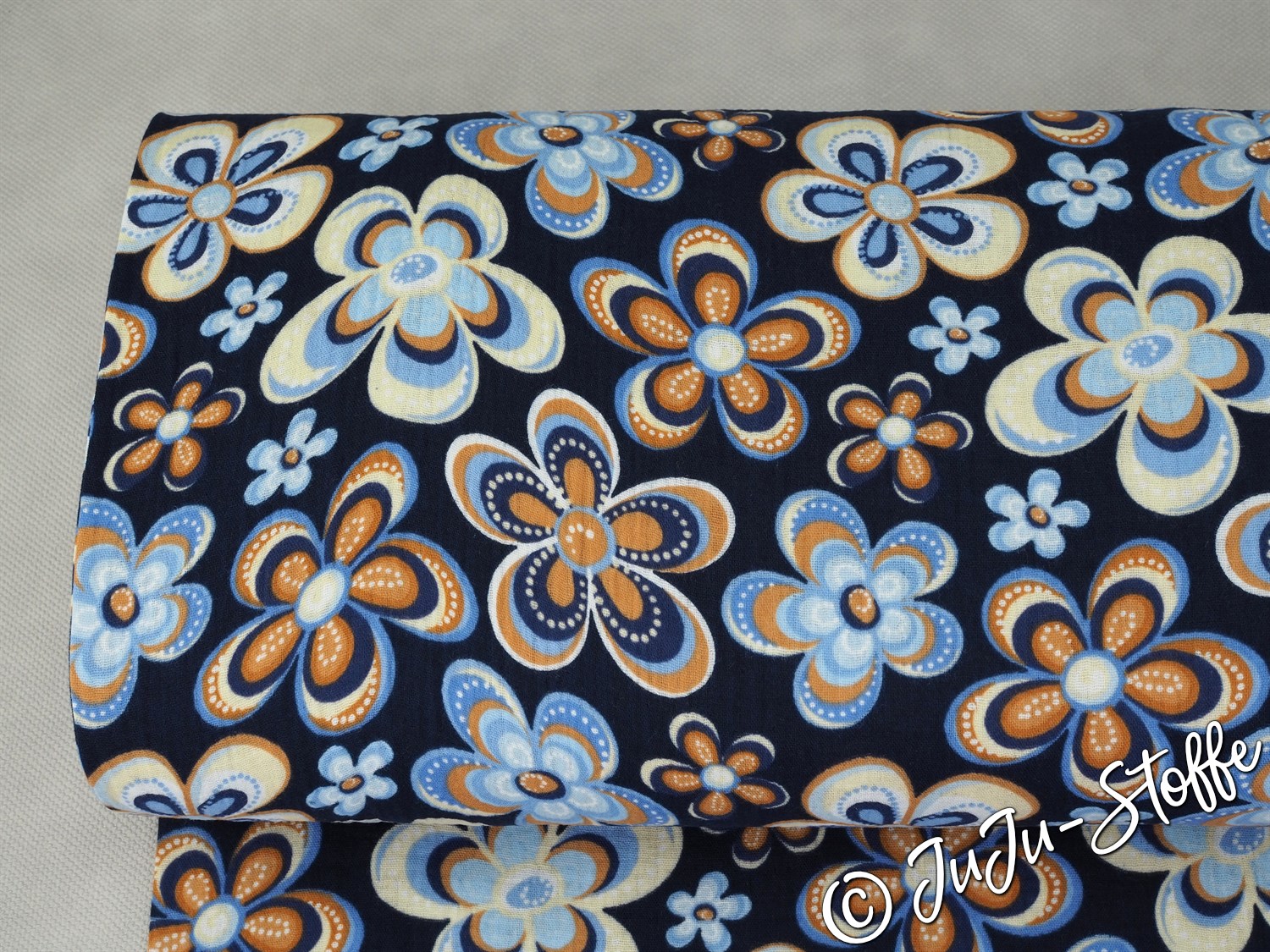 Musselin "Retro Flowers" blau | JuJu-Stoffe.de